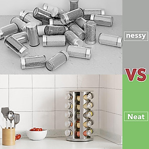 New England Stories Revolving Spice Rack Set with 20 Spice Jars, Kitchen Spice Tower Organizer for Countertop or Cabinet - Carousel Storage Includes 386 Spice Labels (Silver)