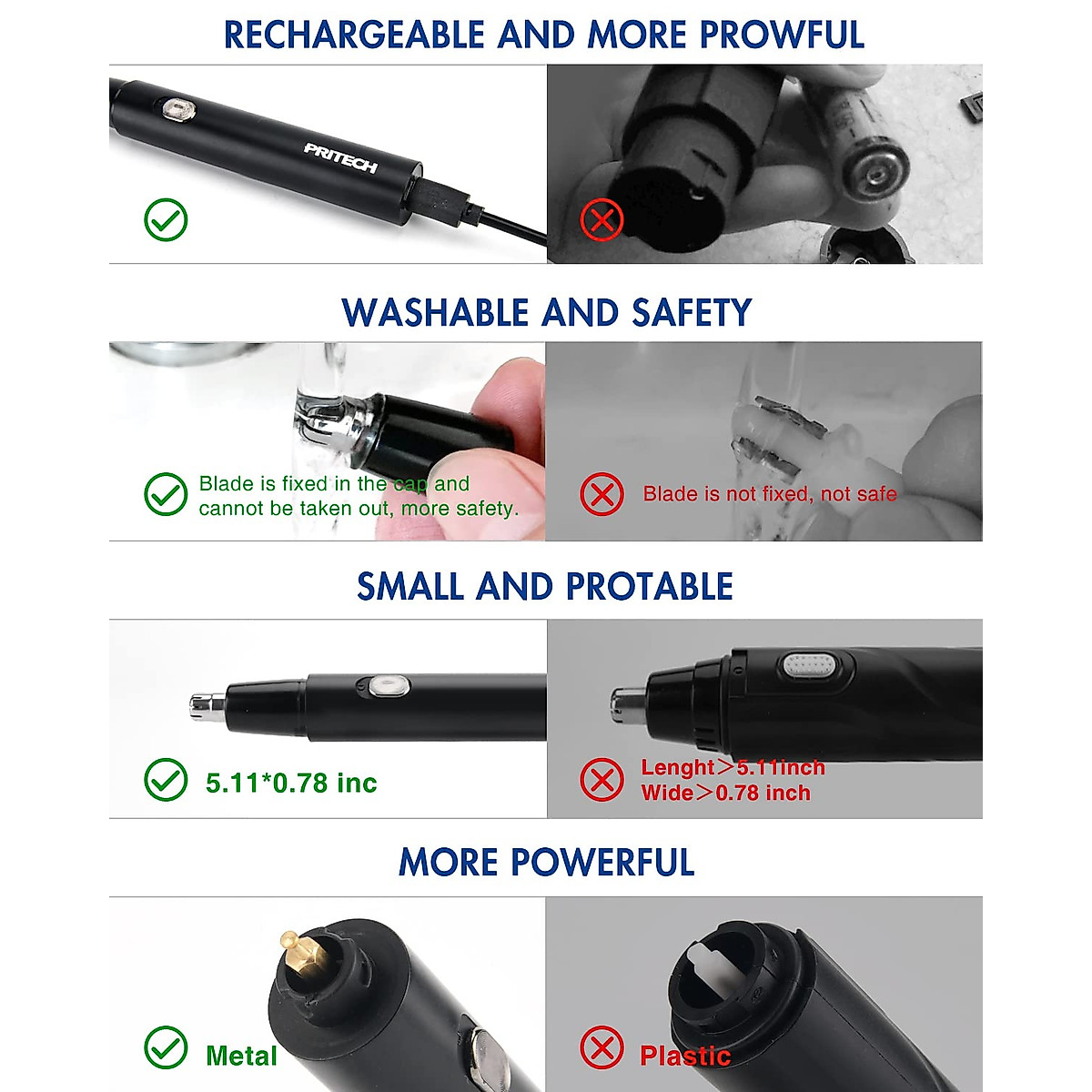 PRITECH Nose Hair Trimmer for Men & Women, Rechargeable, Portable, Washable, Dual-Edge Blades, 245 Days of Use