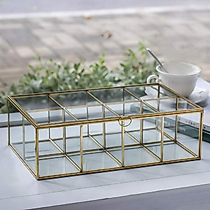 NCYP 12" Glass Tea Bags Box Organizer, Sugar Packets Storage Container, Decor 8 Grids Compartments Divided Handmade Brass Metal Frame Jewelry Counter Top Display Case Large, Glass Box Only