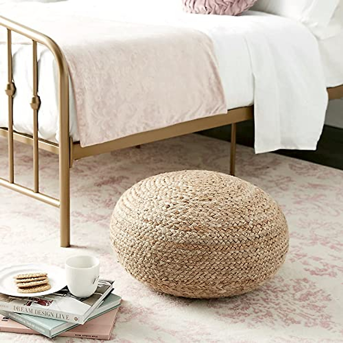 Decor Therapy Round Braided Natural Jute Woven Pouf Ottoman, 19" x 10"