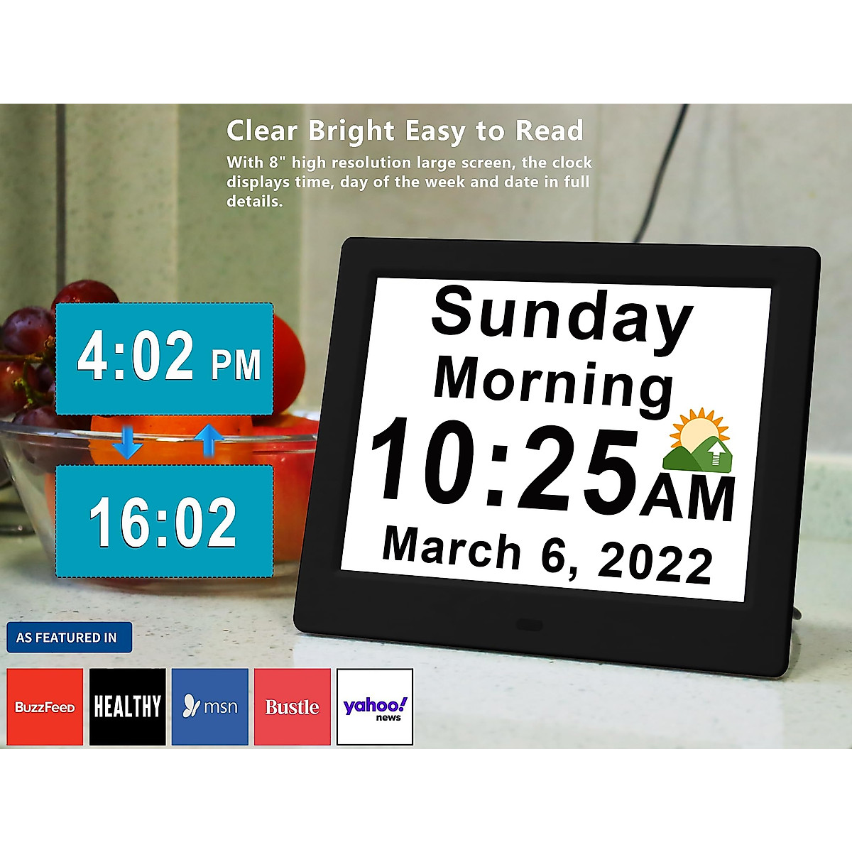 Véfaîî 2024 New, Digital Clock 2.0 with 30 Alarms, Auto DST, DIY Custom Reminders, Sun Moon Icon & AM/PM, Auto Brightness, Memory Function, Easy to Read, 8" Large Display