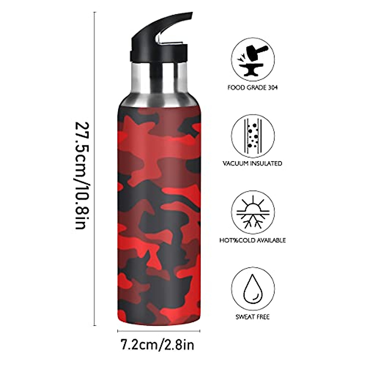Yasala Water Bottle Black Red Camo Coffee Thermos Stainless Steel Insulated Beverage Container 20 oz with Straw Lid BPA-Free for Sport, Travel, Camping, Back to School