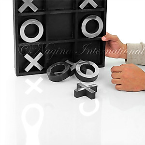14" Large Elegant Premium Black Tic Tac Toe Board Game | Wooden Puzzle Game | Coffee Table Wooden Decor & Games with Nickel Sheathed Pieces