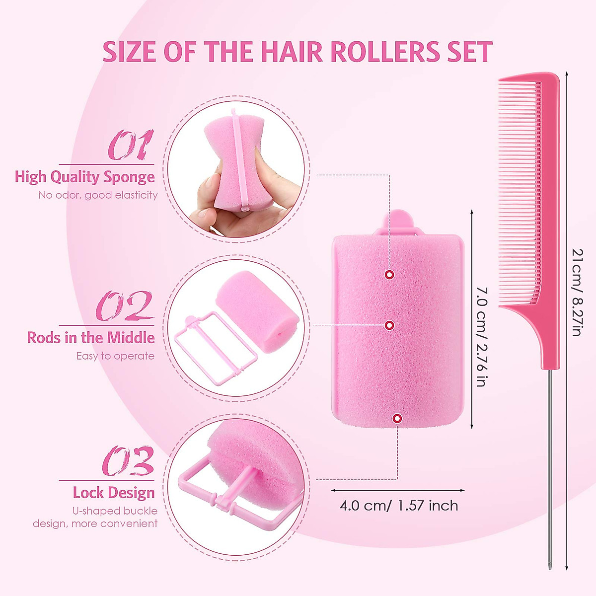 Syhood 12 Pcs Jumbo Foam Sponge Hair Rollers 1.89 Inch Soft Sleeping Curlers Flexible Large Foam Rollers and Rat Tail Comb for Hair Styling(Pink)