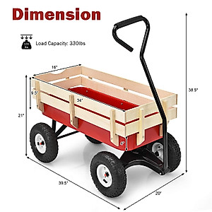 ReunionG Garden Cart with Free-Rotating Wood Railing, Kids Outdoor Wagon with Rubber Wheels, All Terrain Cargo Wagon with 330lbs Weight Capacity, Red
