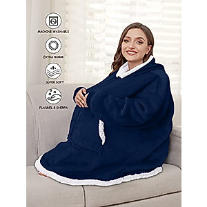 Lushforest Blanket hoodie, Oversized Wearable Blanket Hoodie Adult, Sherpa Fleece Hoodie Blanket Sweatshirt Throw with Zip for Women Men Dark Blue