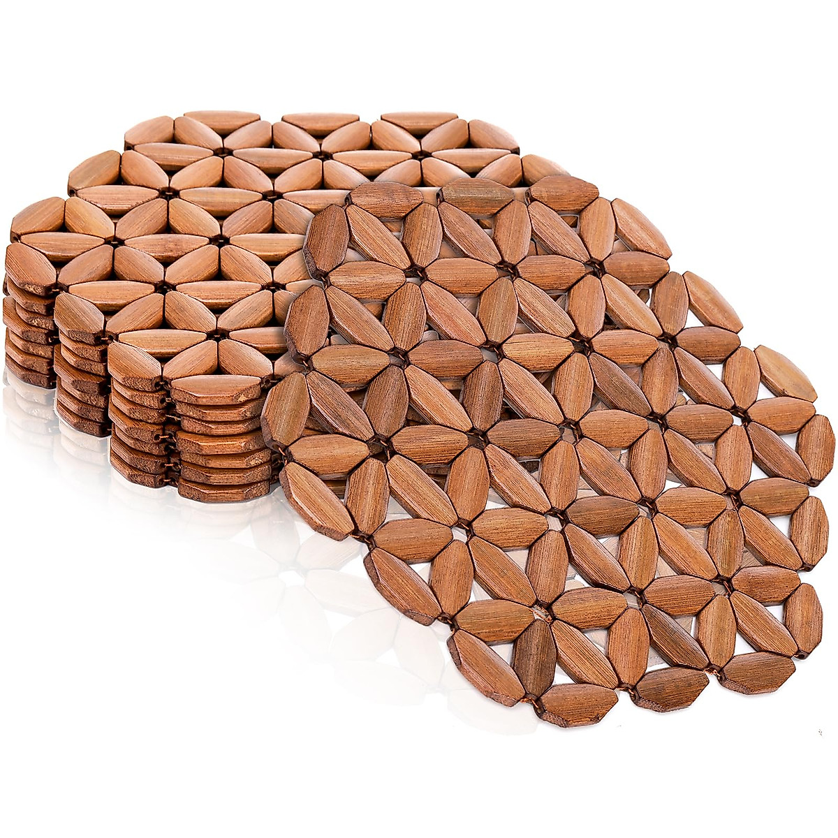 Tlence 8 Pack Bamboo Trivet Mat, Bamboo Hot Plate Pad, Heat Resistant Table Counter Protector, Coaster for Hot Tea Coffee Pot Plates Pans Bowls, Festive Design Table Décor, Kitchen Gift Idea