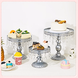Eaasty 3 Pcs Cake Stand Set Round Cake Stand with Crystal Bling Pendants Dessert Table Display Set for Wedding Event Birthday Party Dessert Table(Silver)