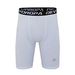 DEVOROPA Youth Boys' Compression Shorts Performance Athletic Base Layers Workout Training Underwear Side Pocket Black/White L (Pack of 2)
