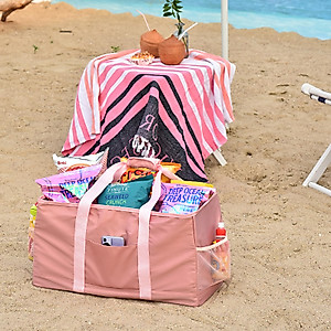 Litvyak Extra Large Utility Tote Bag, Reusable Grocery Bags Collapsible Tote Shopping Bag for Groceries, Storage, Picnics, Beach, Pool, Laundry, with Reinforced Wire Frame & Handles(Pink)