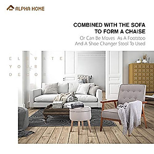 ALPHA HOME Round Storage Ottoman with Removable Lid Tufted Vanity Dressing Chair Line Fabric Shoe Change Footrest Stool Side Table Seat Tray Top Coffee Table with Solid Wooden Legs,Beige