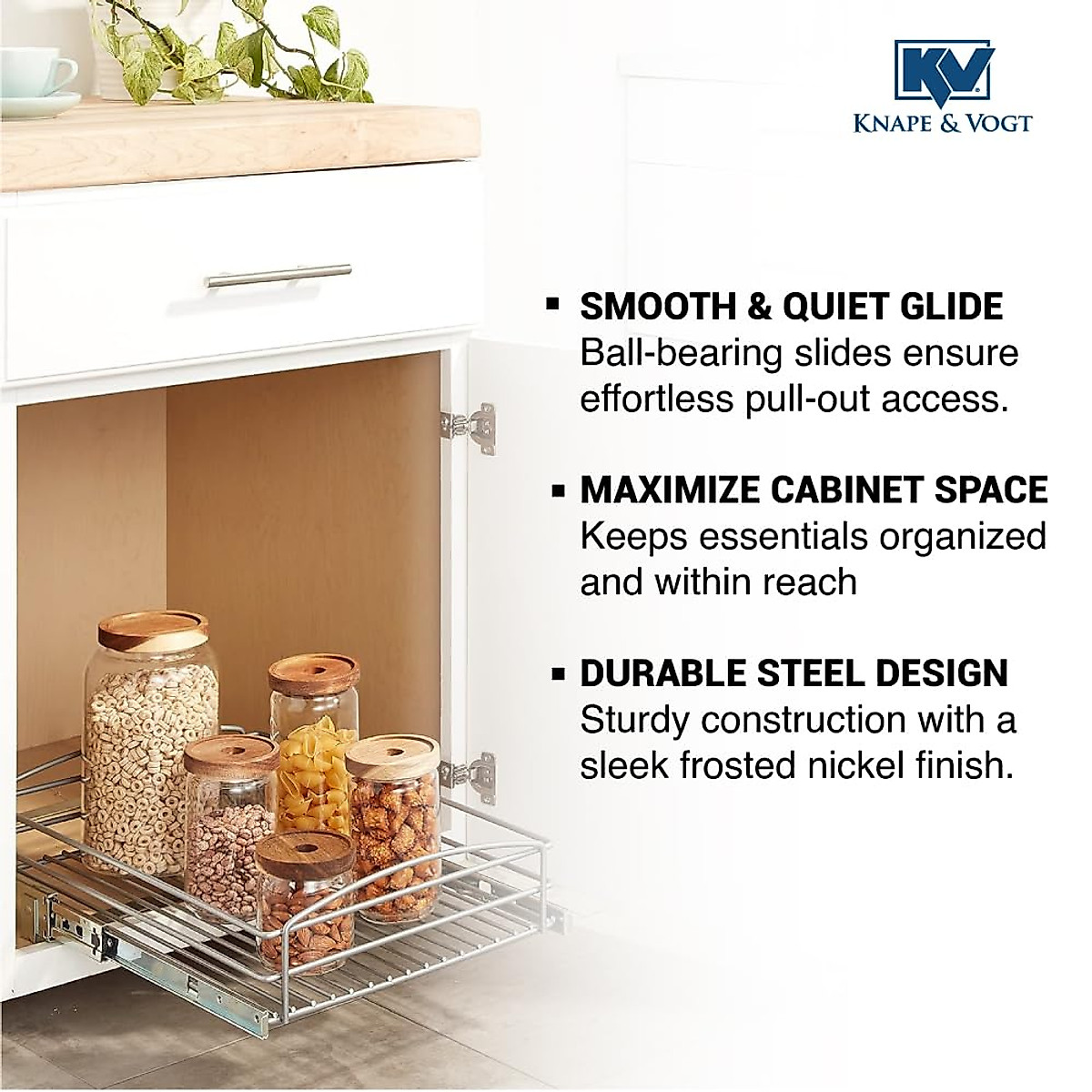 Knape & Vogt RS-MUB-14-FN 5 in. H x 15 in. W x 20 in. D Multi-Use Basket Silver Pull Out Cabinet Organizer, Frosted Nickel