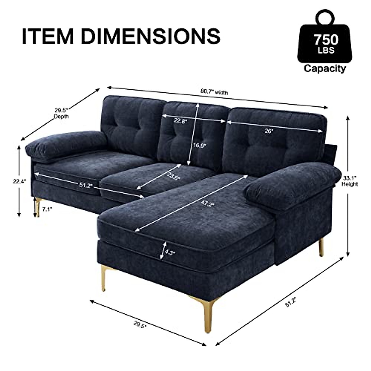 TEKAMON Navy Blue 82.7" Convertible Sectional Sofa Couch, 3 Seats L Shaped Retro Chenille Fabric Couch, Upholstered Comfy Reversible Sectional Sofa with Removable Washable Sofa Covers for Small Space