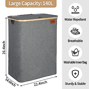 BESHOOME Grey Laundry Hamper with Lid, 140L Extra Large Laundry Basket, 2 Section Laundry Hamper, Laundry Hamper with Handle and Removable Bags, Double Laundry Hamper, Foldable Dirty Clothes Hamper