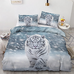 zcwl White Tiger Duvet Cover King Size | Animal Bedding Set | 3 Piece | Soft Microfiber Patterned Comforter Cover with Zipper Ties & 2 Pillowcases | Tiger Bedroom Decor