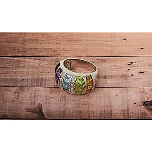 KOKAV 925 Sterling Silver Multi Genuine Gemstones Statement Ring with Diamonds. Size 7