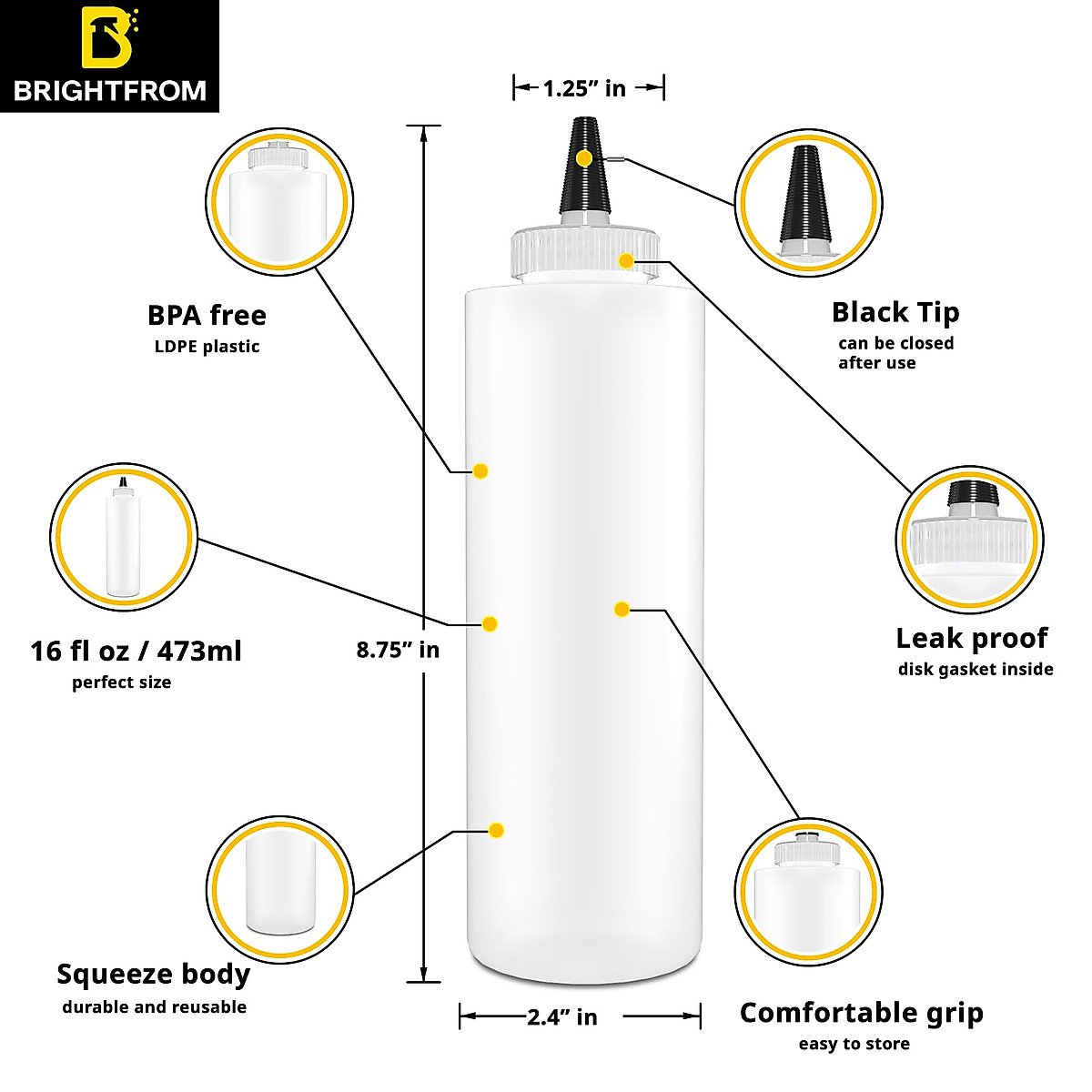 BRIGHTFROM Condiment Squeeze Bottles 16 OZ Wide Neck, Empty Squirt Bottles - Removable Top-Cap, Leak Proof for Ketchup, Mustard, Syrup, Sauces, Dressing, Oil, Arts & Crafts, BPA FREE Plastic - 2 PACK