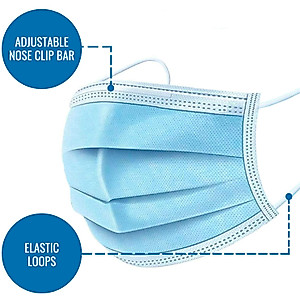 HealthSmart Disposable 3 Layer Face Mask with Ear Loops for Single Use, 50 Count