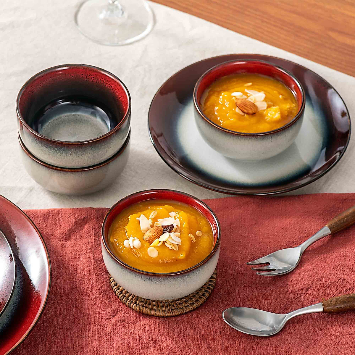 Henten Home Ceramic Small Bowl Set of 4, 8 oz Porcelain Bowls for Snack, Rice, Soup, Noodle, Serving Stoneware Bowls, Reactive Glaze, Microwave & Dishwasher Safe (Red)