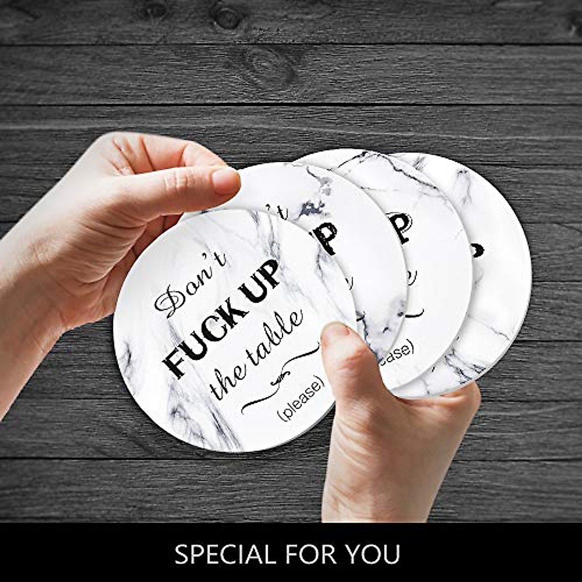 Teivio 8 Piece Coaster for Drinks Absorbing Stone Coasters Set Cork Base, Metal Holder, Marble Funny Style, Birthday Housewarming Gifts, Apartment Kitchen Room Bar Décor (White)