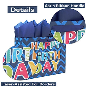 13" Large Blue Gift Bag Set with Greeting Card and White Tissue Papers (Laser Foil 'Happy Birthday') for Men's Birthday Party, Boys' or Kids' Parties, Baby Shower, Baby Boy - 13”x5.2”x10.2”, 1 Pcs.