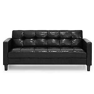 Furinno Brive Contemporary Tufted Faux Leather 3-Seater Sofa Couch for Living Room, Black Faux Leather