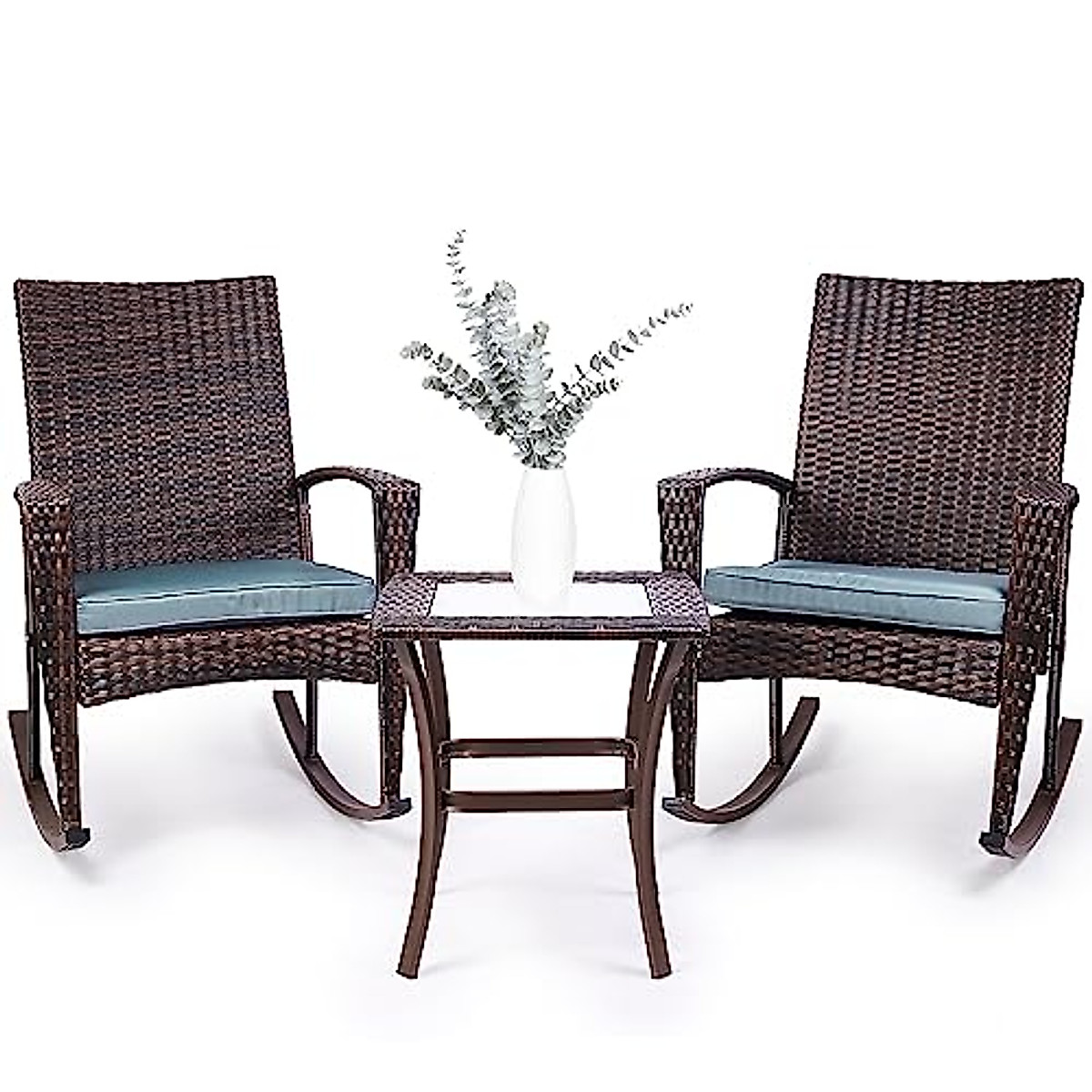 Niubya 3 Piece Wicker Rocking Chair Patio Furniture Sets, Outdoor Wicker Bistro Rattan Chair Conversation Sets with Cushions and Coffee Table, Grey and Brown