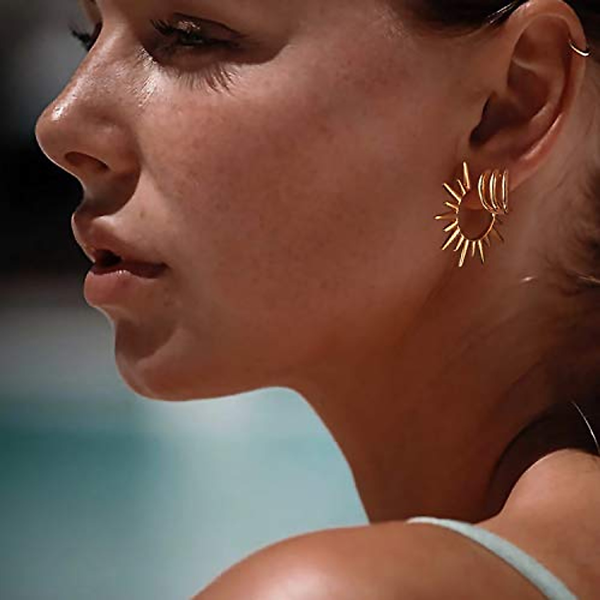 MYEARS Women Sun Earrings Gold Open Spike Hoop C Shape 14K Gold Filled Small Simple Handmade Hypoallergenic Everyday Illusion Jewelry