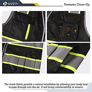 JKSafety 9 Pockets Hi-Vis Mesh Safety Vest for men and women | Chaleco reflectante de seguridad | Zipper Front | Multiple Pockets | Class 1 (140-Black XL)