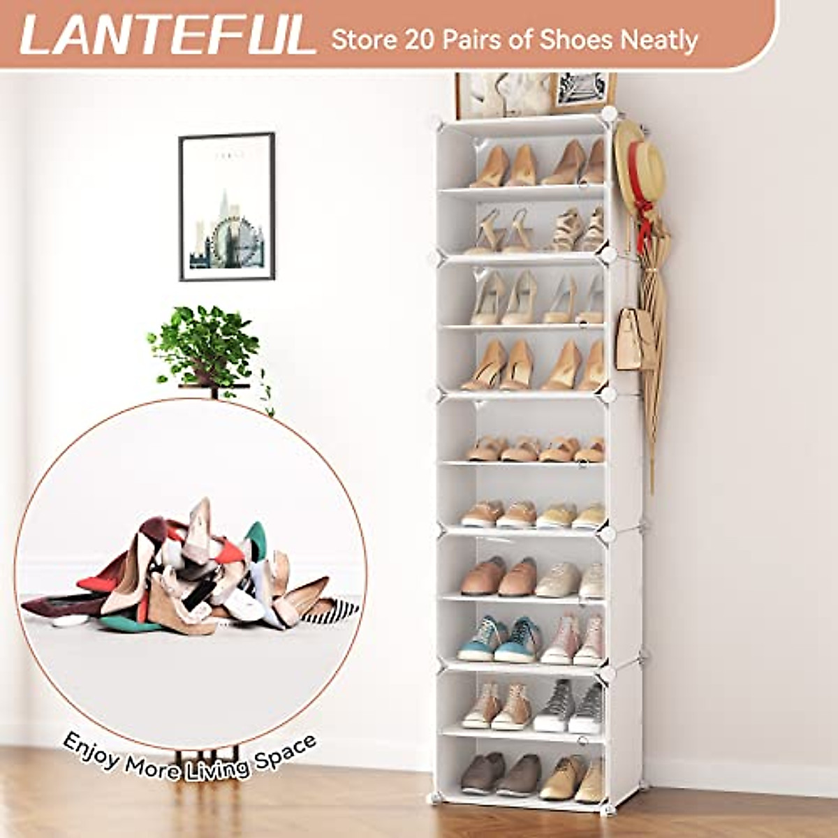 LANTEFUL 10 Tiers Tall Shoe Rack 20 Pair Shoe Organizer Narrow Shoe Rack with Door Portable Shoe Storage Cabinet with Hooks Sturdy Plastic White Shoe Rack for Entryway and Bedroom