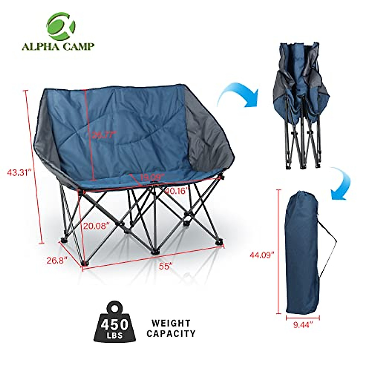 ALPHA CAMP Oversized Camping Chair Double Folding Chair Heavy Duty Loveseat Camp Chair 2 Person Support 450 LBS for Adults Outdoor