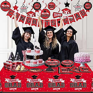 DAZONGE Graduation Decorations Class of 2024 Red and Black, Disposable Graduation Tableware Kit for 50 Guests, Plates, Napkins, Cups, Tablecloth and Hanging 2024 Graduation Party Decorations