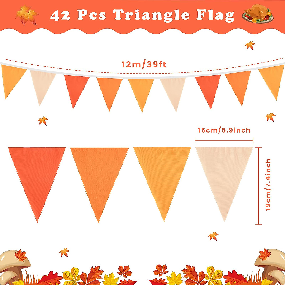 jijAcraft 39Ft Fall Banner Decorations Triangle Fabric Pennant Flag, 42 Pcs Fall Decor Thanksgiving Day Harvest Autumn Party Home Outdoor Garden Hanging Wedding Birthday Decoration (Orange)