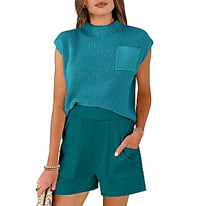 Caracilia 2 Piece Lounge Sets for Women 2024 Summer Short Sleeve Sweaters and Shorts Matching Sets Clothing Casual Fashion Deep Deep Green X-Large