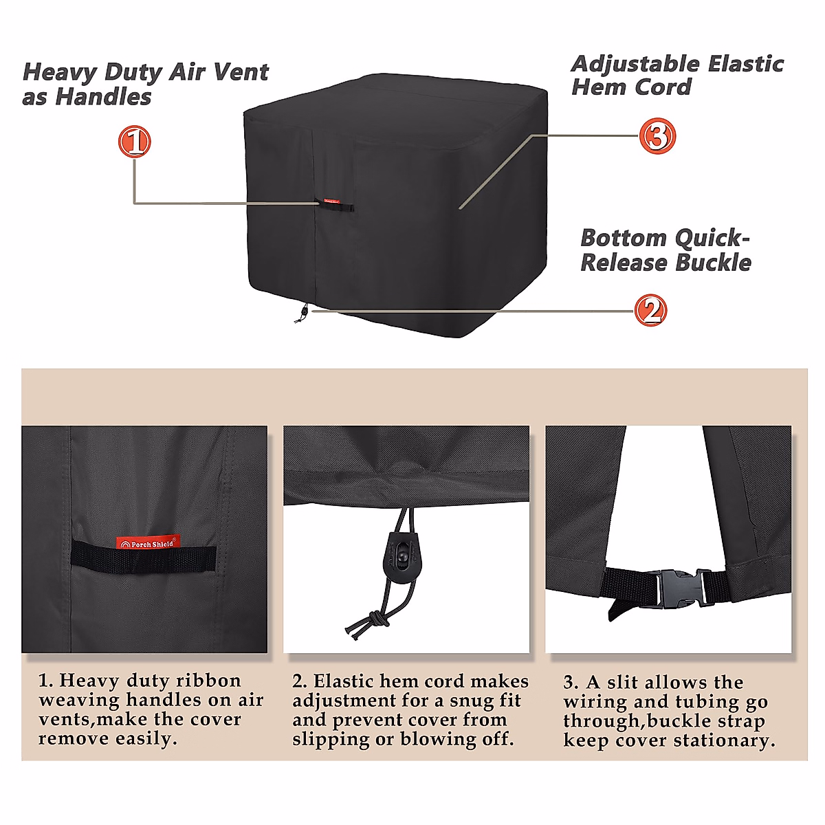 Porch Shield 600D Waterproof Air Conditioner Covers for Outside Units Square AC Cover Black - 26 x 26 x 30 inch