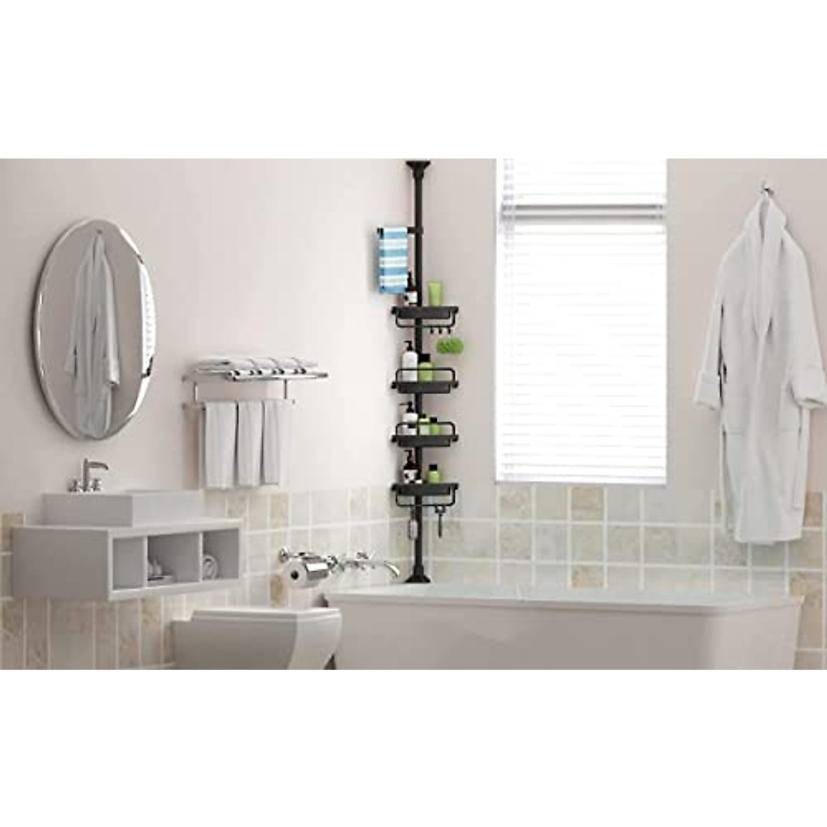 FRDECON Rustproof Shower Caddy Corner for Bathroom, 4-Tier Tension Pole Stainless Steel Shower Organizer, 56 to 117 Inch Adjustable Bathtub Shower Shelf Storage with 1 Tower Bar, Black