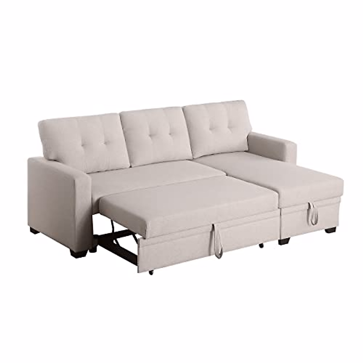 L Shaped Convertible Sleeper Sectional Sofa with Storage Chaise and Pull-Out Bed, Linen Upholstered Reversible Corner Couch w/Detachable Backrest for Living Room, Apartment, 3 Seater Home Furniture