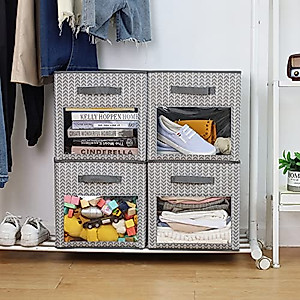 DOMEraax Cube Storage Bin 4 Pack with Clear window Large Boxes Basket with Handles Fabric Closet Organizer 13" x 13" x 13" Herringbone Pattern
