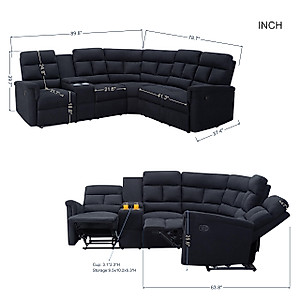 EMKK Modern Manual Reclining Motion Sectional Sofa Corner Leather Upholstered Sofá Curved L-Shaped Couch W 2 Cup Holders for Living Room Furniture Sets Villa/Apartment/Office/Home Theater Lounge Seat