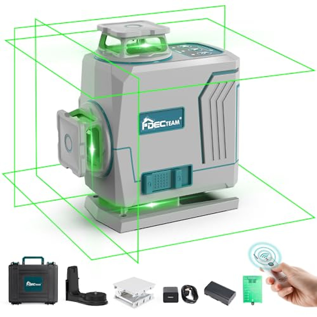 4D Self-Leveling Laser Level, 197Ft DECTEAM 16 Lines Green Cross Line Laser Levels, with Rechargeable Battery, 360° Magnetic Bracket, Remote Controller, Hard Carry Case - T04CG