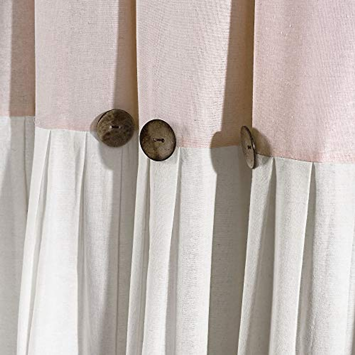 Lush Decor Linen Button Farmhouse Shower Curtain Pleated Two Tone Design for Bathroom, 72" x 72", Blush & White