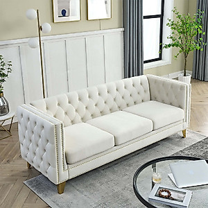 Antetek Comfy Upholstered Couches for Living Room, 80-inch Modern Button Tufted 3-Seater Sofa w/Square Arm, 4 Golden Metal Legs and Gold Nail Heads for Living Room, Office, Apartment, Beige