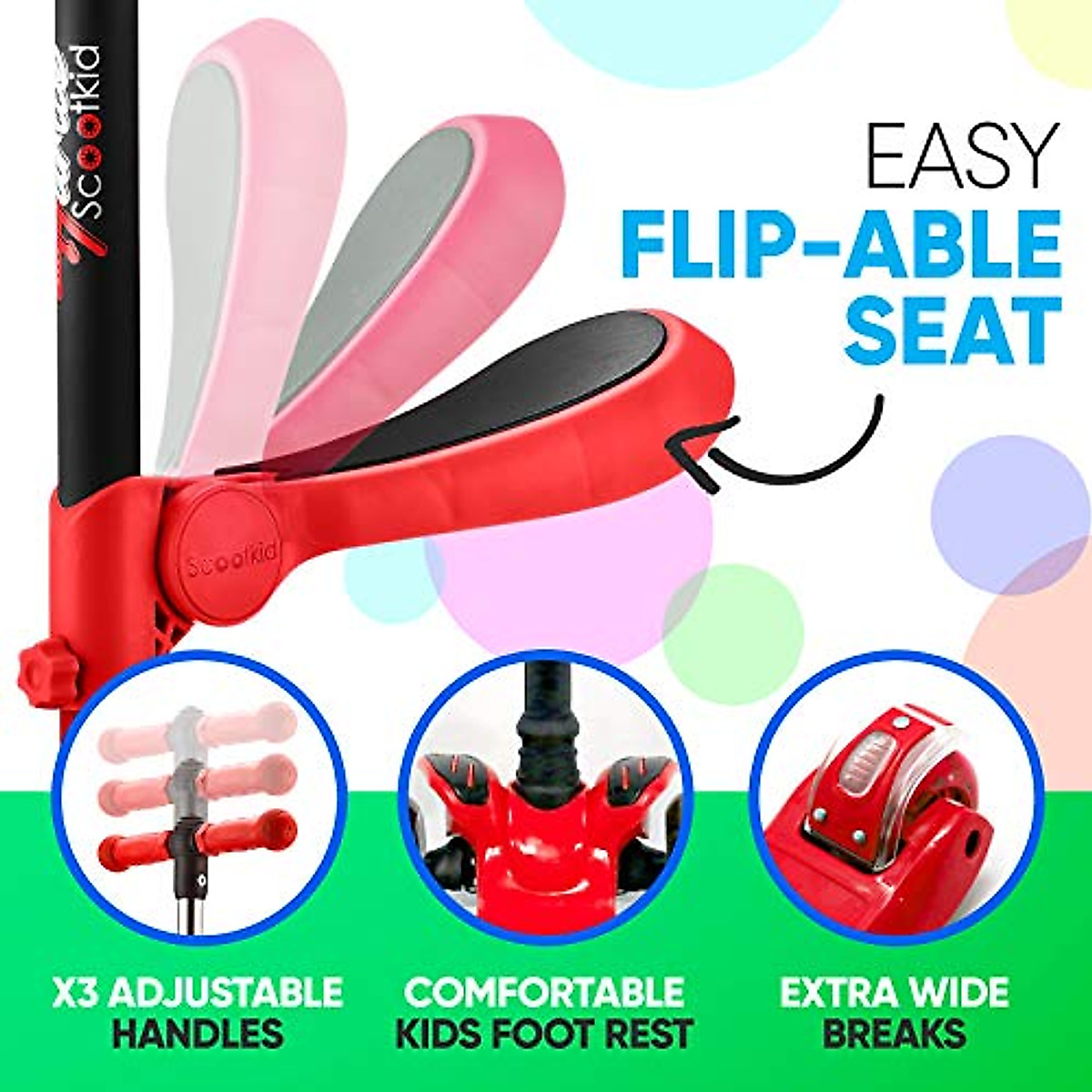 Hurtle Kids Scooter - Child Toddler Kick Scooter Toy with Foldable Seat - 3 Wheel Scooter with Adjustable Height, Anti-Slip Deck, Flashing Wheel Lights, for Boys/Girls 1-12 Year Old, Red