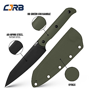 CJRB CUTLERY EDC Fixed Blade Knives Silax (J1921B) AR-RPM9 Steel Black PVD Blade and OD Green G10 Handle Pocket Knife with Kydex Sheath and Lanyard for Camping Fishing Outdoor