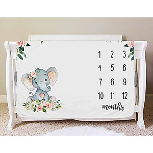 Girl Elephant Baby Monthly Milestone Blanket, Safari Elephant Baby Growth Chart Month Blanket, Watch Me Grow Baby Girl Floral Elephant Nursery Gift for New Moms Baby Shower, Includes Marker (50"x40")