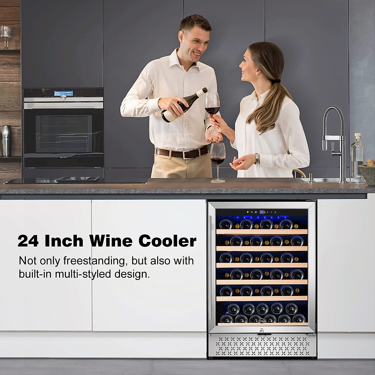 Tylza 24 Inch Wine Cooler Refrigerator 51 Bottle Built-in or Freestanding 24'' Fridge with Stainless Steel & Double Layer Tempered Glass Door and Temperature Memory Function