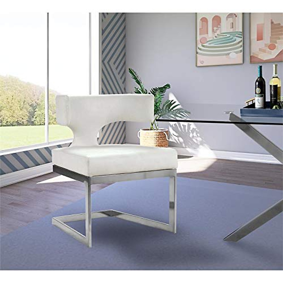Meridian Furniture Alexandra Collection Modern | Contemporary Upholstered Dining Chair with Durable Metal Base, 22" W x 22" D x 29" H, White Faux Leather, Chrome