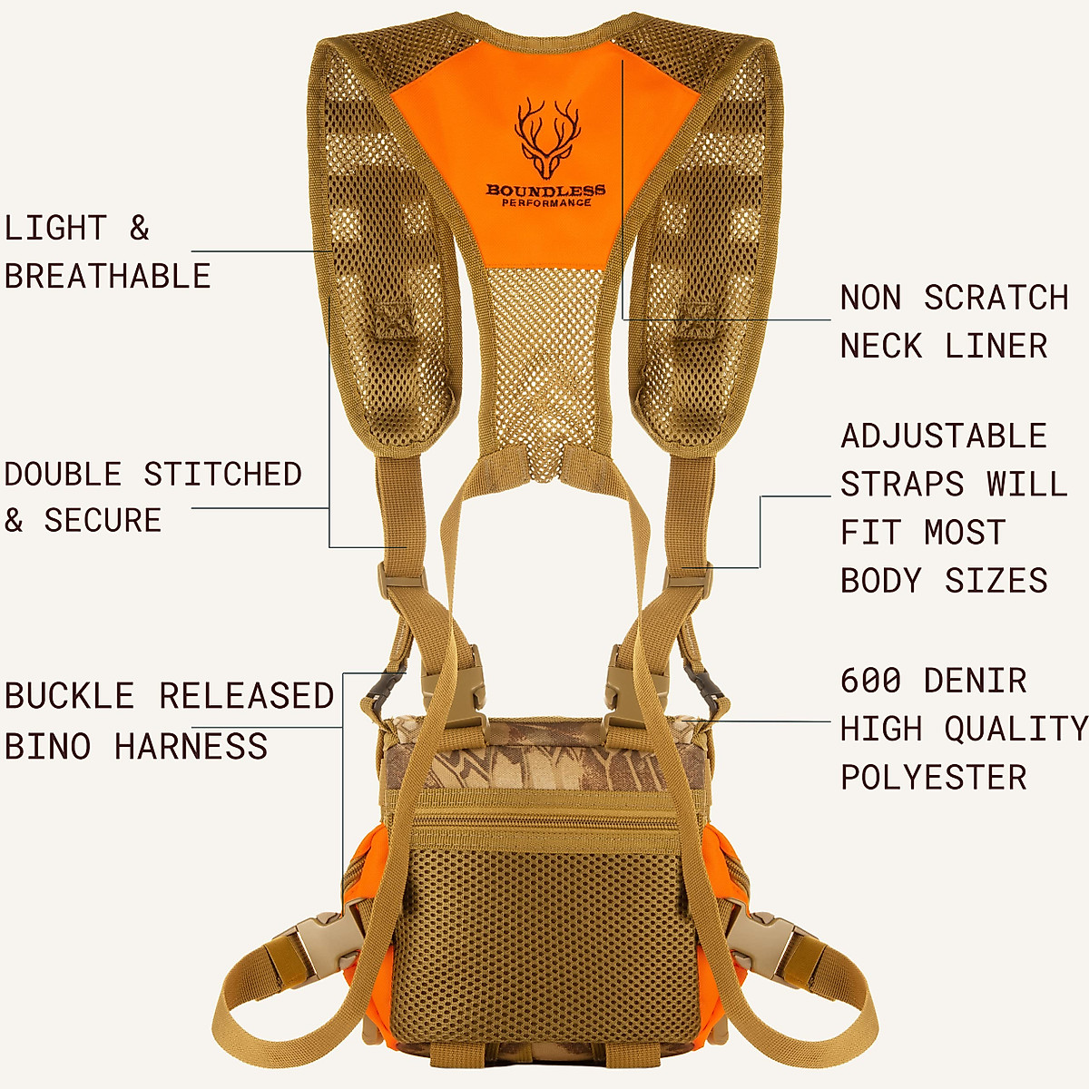Boundless Performance Binocular Harness Chest Pack - Our Bino harness case is great for hunting, hiking, and shooting - Bino straps secure your binoculars - holds rangefinders, bullets, gear - Orange