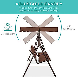 Best Choice Products 2-Seater Outdoor Adjustable Canopy Swing Glider, Patio Loveseat Bench for Deck, Porch w/Armrests, Textilene Fabric, Steel Frame - Brown