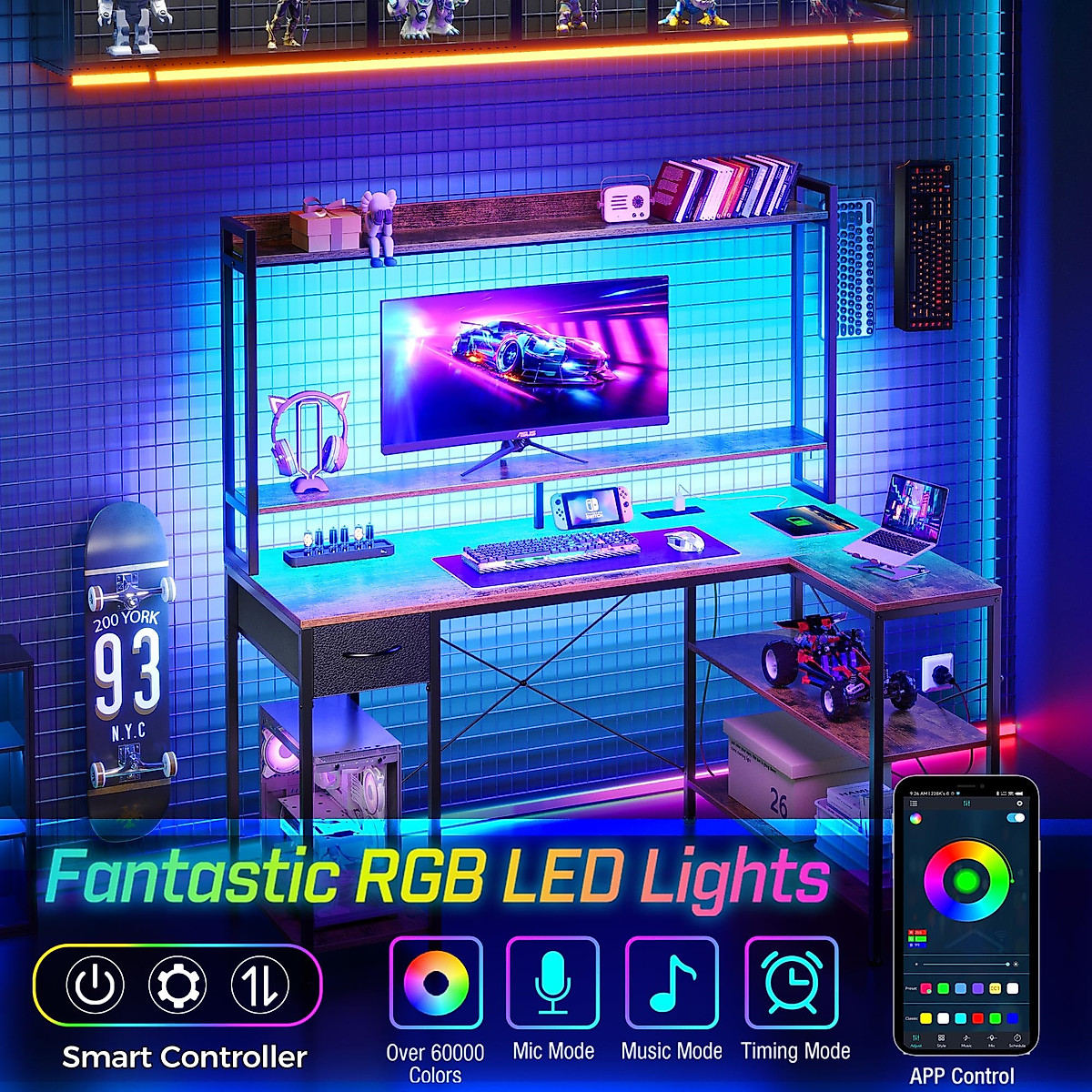 Seventable Gaming Desk with LED Light & Power Outlets, 47 inch Computer Desk with Shelves, Reversible L Shaped Desk with Monitor Stand, Corner Desk for Small Space, Rustic Brown